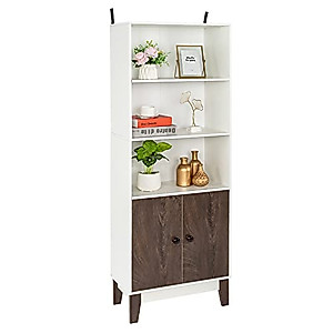 4 Tier Bookcase Storage Cabinet, 63 Inches 4 Tiers Tall Open Bookshelf with 2 Doors, Anti-toppling Device, Freestanding Wooden Storage Display Shelf for Home Office (White)