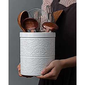 FUN ELEMENTS Kitchen Utensil Holder, 7.2" Super Large Utensil Crock Heavy and Stable Lace Emboss Ceramic Utensil Holder for Kitchen Counter (Bright White)