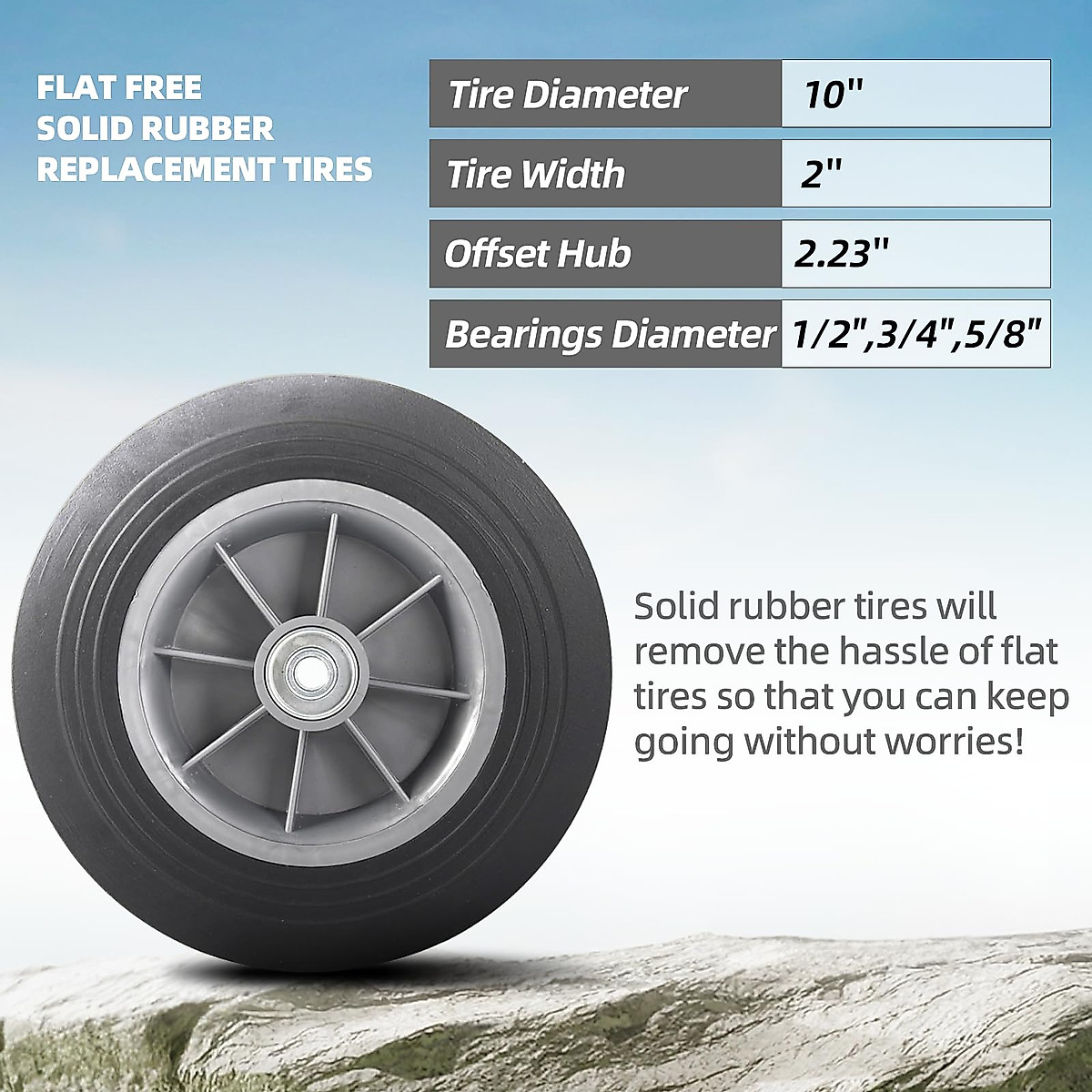 AR-PRO (2-Pack 10'' x 2'' Flat Free Solid Rubber Tire and Wheel, 3/4" & 5/8" & 1/2" Axles Bore Hole with 2.23" Offset Hub, Replacement 10 Inche Wheel for Dolly Hand Trucks and Wheelbarrows