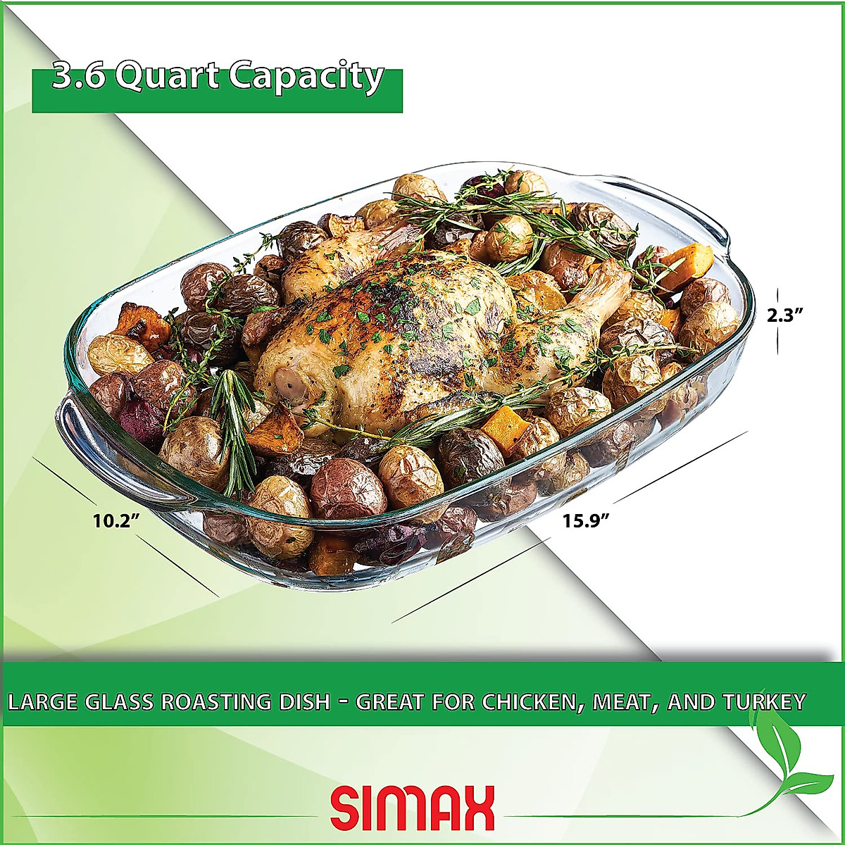 Simax Clear Glass Roaster Dish: Large Rectangular Roaster Pan For Baking And Cooking - Oven and Dishwasher Safe Cookware – 3.5 Quart Oven Pan