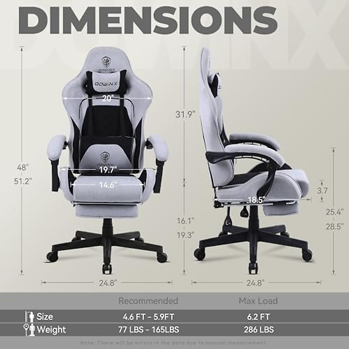 Dowinx Gaming Chair Fabric with Pocket Spring Cushion, Massage Game Chair Cloth with Headrest, Ergonomic Computer Chair with Footrest 290LBS, Black and Grey