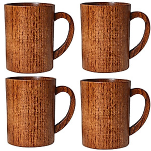 Edearkar Barrel Shape Wooden Tea Cups with Handle 300ML Top-Grade Natural Solid Wood Tea Cup Wine Mug for drinking Tea Milk Coffee Wine Beer Hot Drinks, 4-Pack