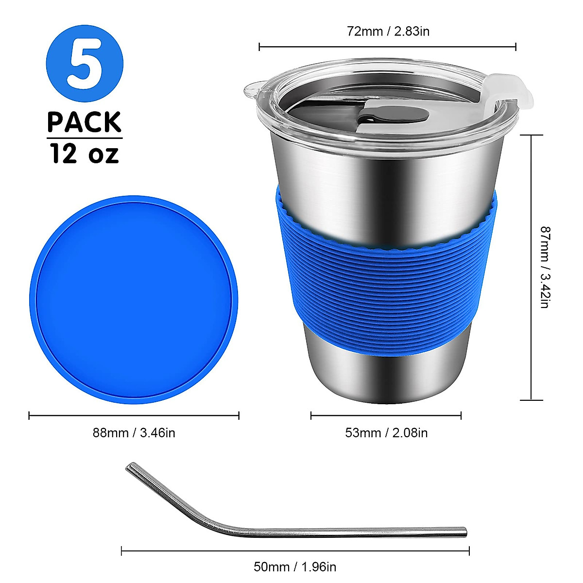 Uarzt Kids Cups with Straws and Lids, Toddler Sippy Cup Spill Proof, Unbreakable Stainless Steel Drinking Tumbler with Sleeves for Kid and Adult, Water Mug with Bonus Coasters & Brushes (12oz, 5 Pack)
