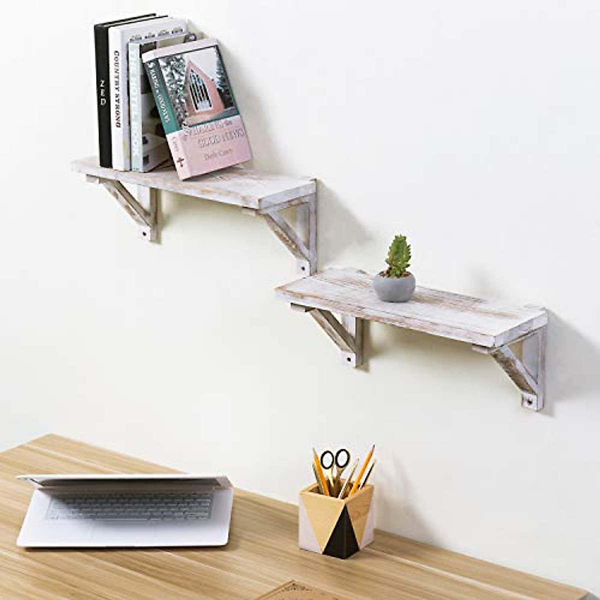 MyGift Wall Mounted Floating Shelves - 16.5 Inch Whitewashed Wood Decorative Shelf with Wooden Brackets, Set of 2