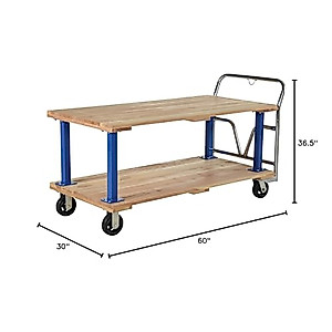 Vestil VHPT/D-3060 Double Decker Hardwood Platform Cart, 1600 lbs Capacity, 60" Length x 30" Width Deck, Overall Height (in.) 36-1/2, Lower Deck Height (in.) 9-1/2, Top Deck Height (in.) 29-1/2