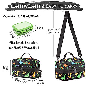 Kasqo Lunch Box Bag for Boys, Insulated Cooler Bag Kids Lunch Tote with Dual Compartments, Black Dinosaur