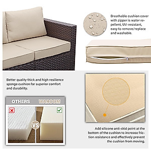 WAROOM 5 Pieces Patio Furniture Set PE Wicker Outdoor Brown Rattan Sectional Sofa Loveseat Couch Conversation Chair with Storage Bin Coffee Table and Propane Fire Pit, Anti-Slip Khaki Cushion