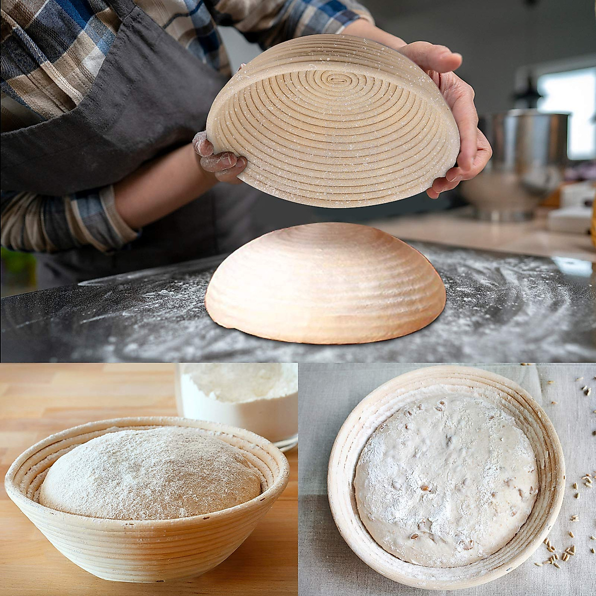 Round Bread Proofing Basket Set of 2, 8" and 9" Natural Rattan Banneton Round Sourdough Baking Bowls with Multi Baking Tools for Professional and Home Bakers