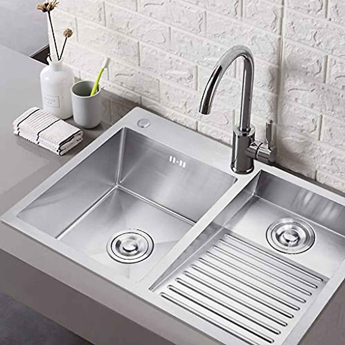 Bathroom Sinks Laundry Pool Balcony Household Stainless Steel Laundry Sink Wash Basin With Washboard Easy To Clean Double Sink Laundry Pool Gift ( Color : B , Size : 60*48*22cm )
