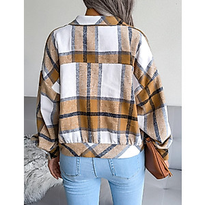 Gihuo Women' s Cropped Shacket Plaid Jacket Button Down Flannel Shirts Outerwear(Khaki-Large)