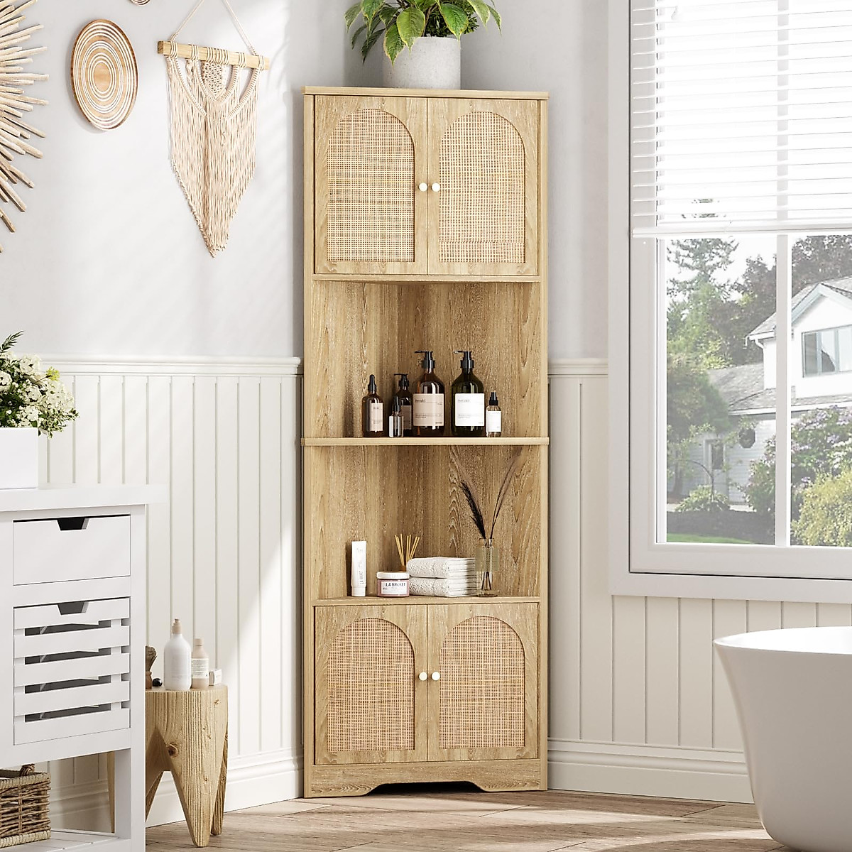 FiveWillowise 67''H Tall Corner Cabinet with Handmade Rattan Door, Rattan Storage Cabinet with Adjustable Shelves, Corner Bookshelf Space Saver for Barthroom, Kitchen, Natural