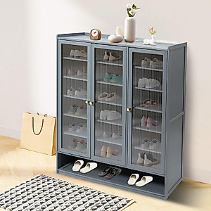 HaoYunNe 8 Tier Shoe Cabinet Entryway Shoe Rack Shelf with Doors Wooden Freestanding Shoe Organizer for Hallway Patio Living Room Bedroom Office,35.8x12.6x42.1 in, Loading 33 lbs per Layer