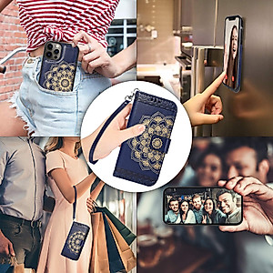 CASEOWL iPhone 12 Pro Max Case Wallet Magnetic Detachable [Support Magnetic Car Mount] with Card Holder,Hand Strap,Embossed Mandala Pattern Leather Lanyard Wallet Case[Navy Blue]