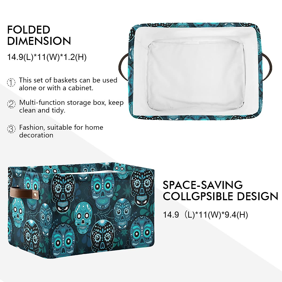 Dead Day Sugar Skull Rectangular Storage Bin Basket with Handles - Nursery Storage, Laundry Hamper, Book Bag, Gift Baskets