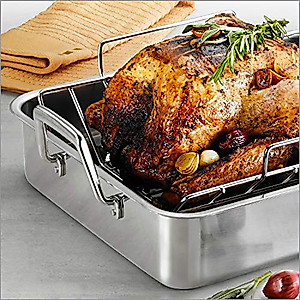 Tramontina 16.5-Inch Stainless Steel Deep Roasting Pan with Basting Grill and V-Rack, Turkey Roaster for Oven, Dishwasher Safe, Made in Brazil