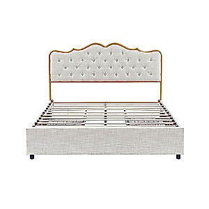 Maxzzz Queen Size Bed Frame with Four Storage Drawers & Upholstered Headboard - Elegant Golden Paint Finish, Sturdy Metal & Solid Wood Construction, No Box Spring Needed, Light Gray