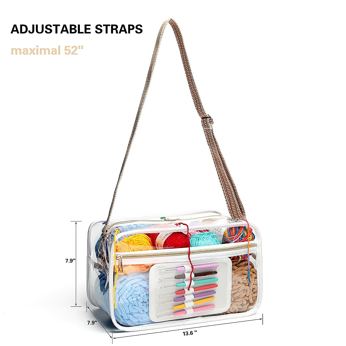 SIHEJA Crochet Bag-Transparent Yarn Storage-Yarn Bag for Crocheting-Knitting Bag-for Crochet Accessories Organizer, Crocheting & Knitting Gifts -White& Flower Jacquard Shoulder Straps