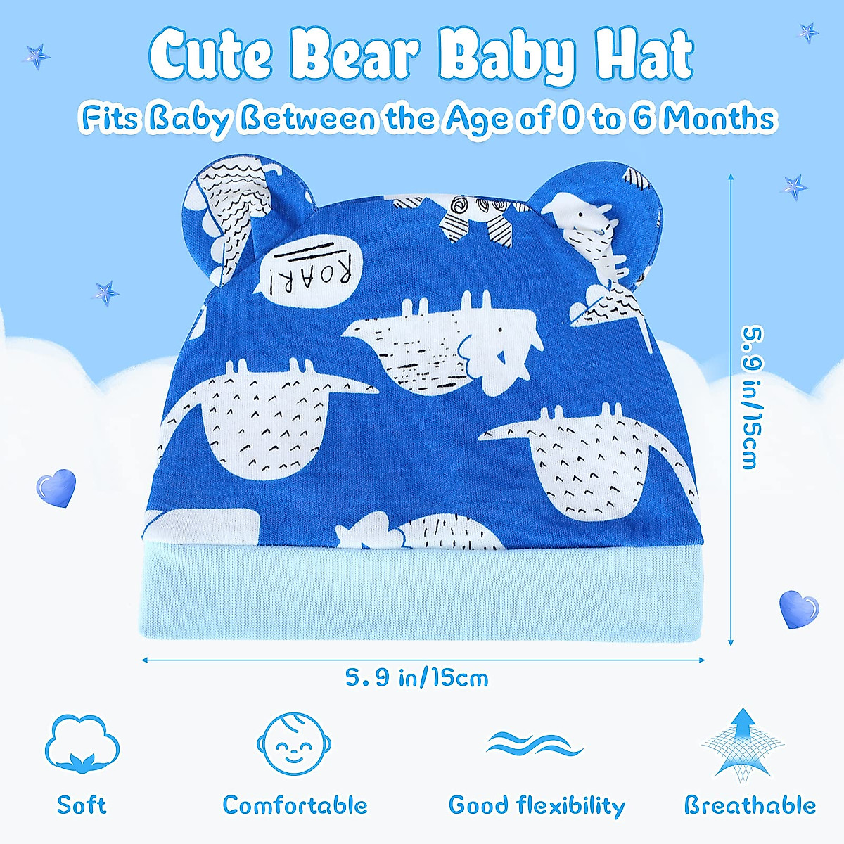 6 Pieces Newborn Baby Hat Bear Ears Infant Caps Baby Boy Girl Toddler Hats Infant Beanie Caps for 0-3 Months (Gray, Blue, White, Dark Blue,Cool)