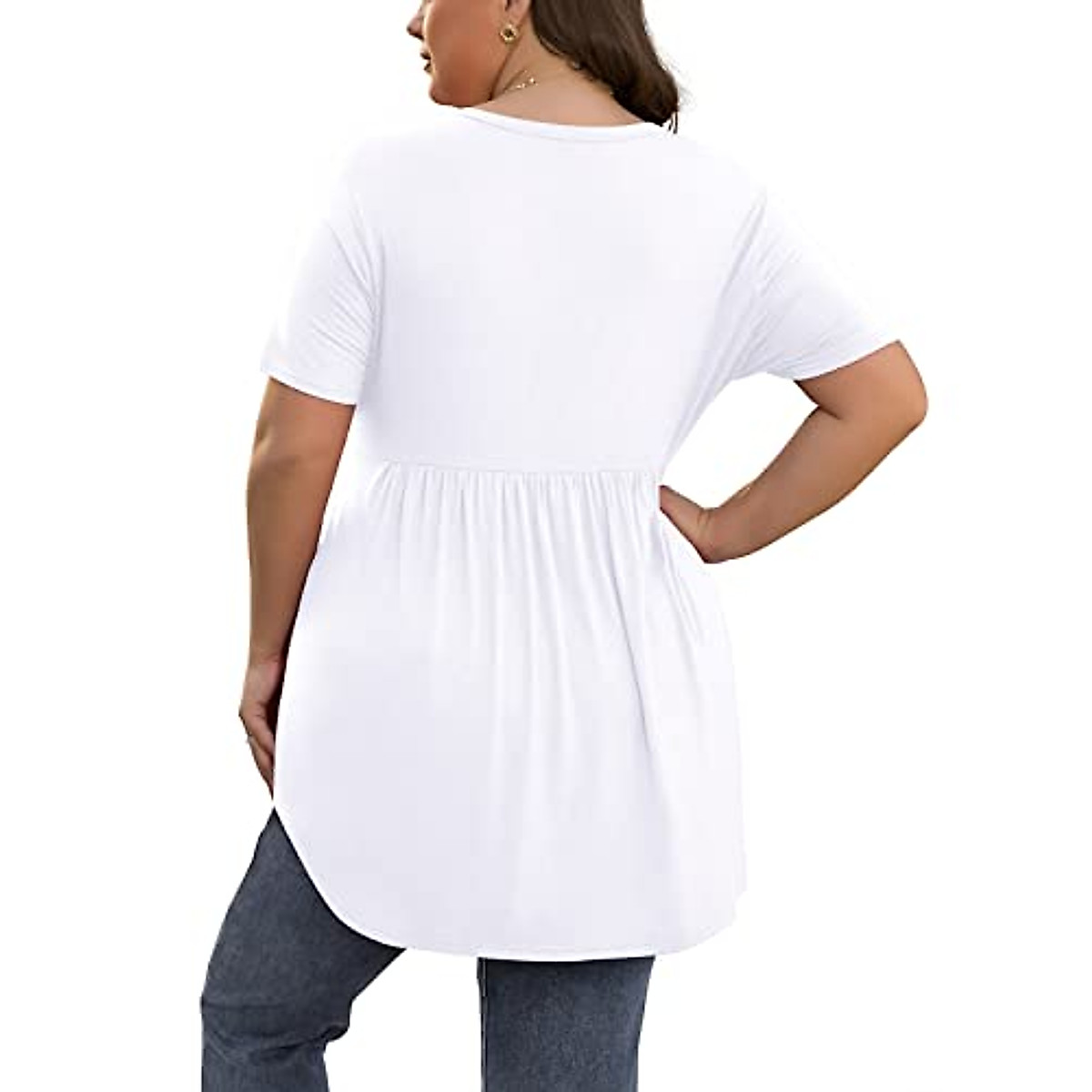 SHIJIALI Women's Plus Size Henley Shirts V Neck Button Tunic Tops Casual Short Sleeve Swing Flowy Blouse White-XX-Large