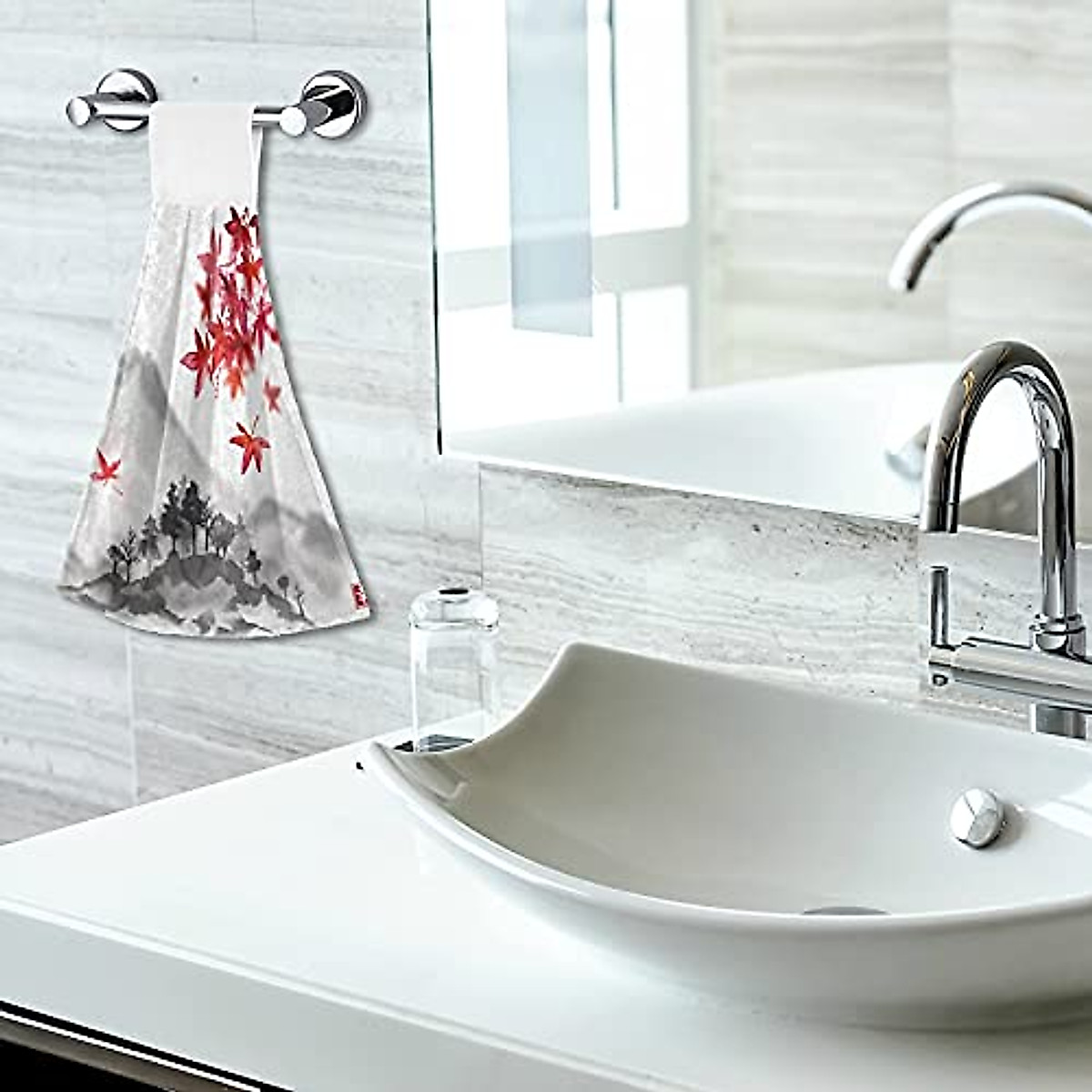 2 Pack Fall Red Maple Leaves Hanging Kitchen Towel with Loop Ink Japanese Mountains Hand Towels Soft Microfiber Coral Velvet Dish Towel for Bathroom Washcloth Absorbent Tie Towel …