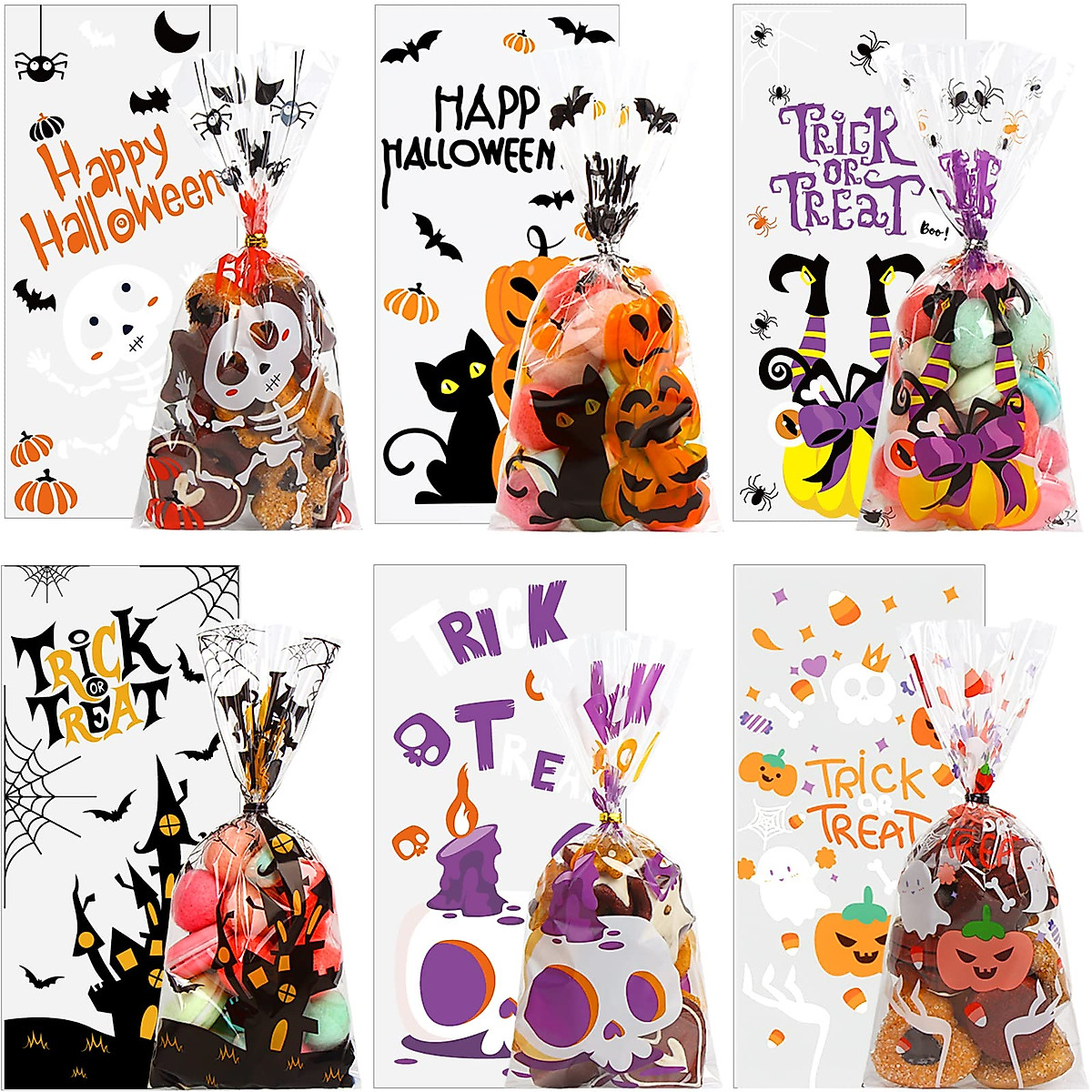 DIYASY 180 Pack Halloween Cellophane Treat Bags, Plastic Goodie Candy Bag for Kids Clear Goody Snack Bags Bulk Party Favors with 210 Twist Ties