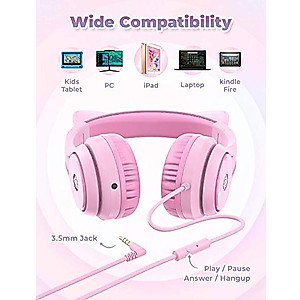 iClever Kids Headphones with Cat Ear Led Light Up, Safe Volume Limite Kids Wired Headphones with Microphone, FunShare Foldable Over-Ear Headphones for Kids/School/iPad/Tablet/Travel, Meow Donut-Pink