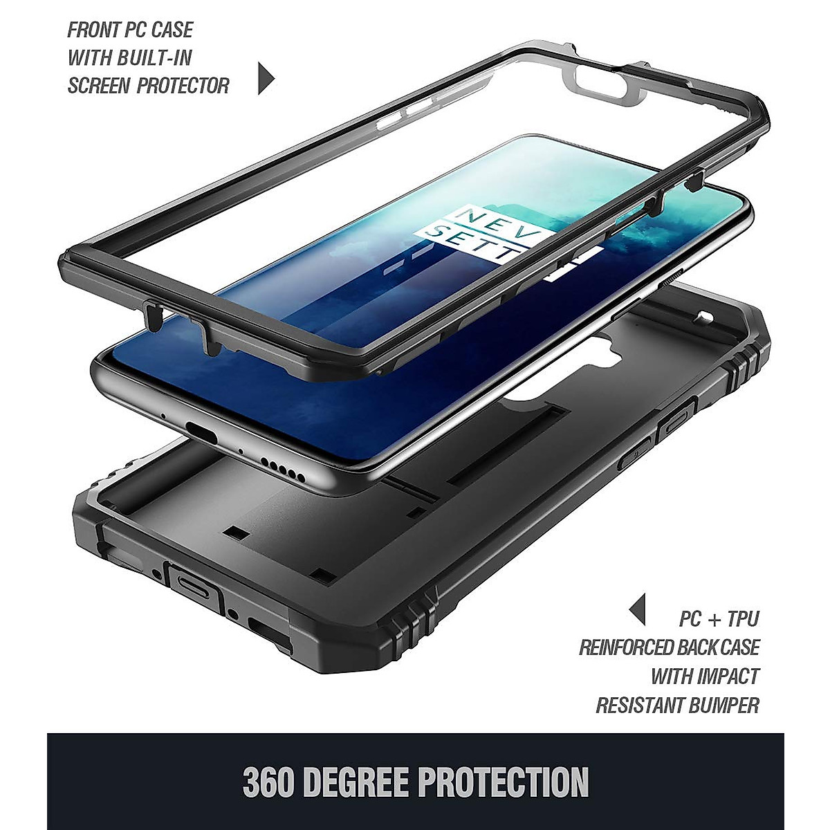 Poetic Revolution Case for OnePlus 7, [20FT Mil-Grade Drop Tested], Full-Body Rugged Dual-Layer Shockproof Protective Cover with Kickstand and Built-in-Screen Protector, Black