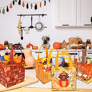 AnyDesign Fall Non-Woven Tote Bags Waterproof Pumpkin Turkey Gnome Party Bags with Handles Reusable Gift Bag Grocery Goodie Shopping Bag Treat Favor Bag for Autumn Thanksgiving Party Supplies, 8 Pack