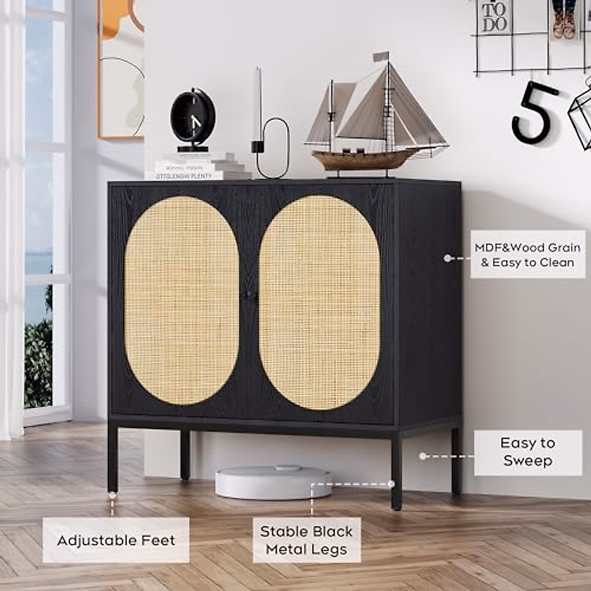 Brafab Rattan Cabinet, Set of 2, Black with Oval Doors