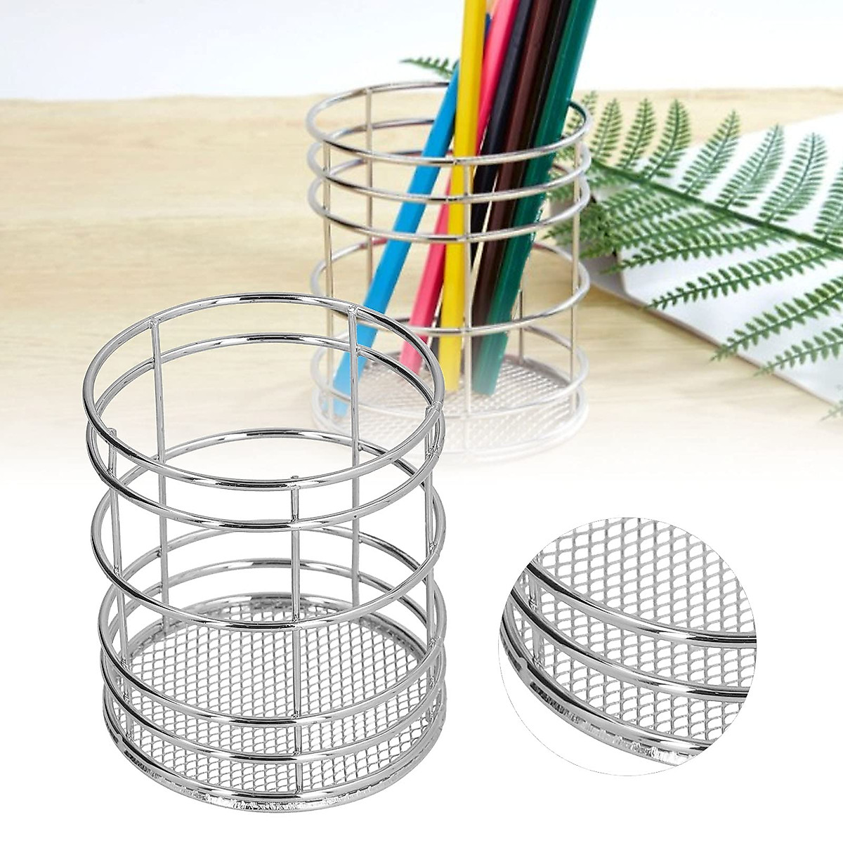 BORDSTRACT Small Wire Utensil Holder, 11x9x9cm Metal Round Pen Holder, Make Up Brush Holder Desk Cutlery Chopsticks Organizer for Kitchen Counter Home Office(Silver)