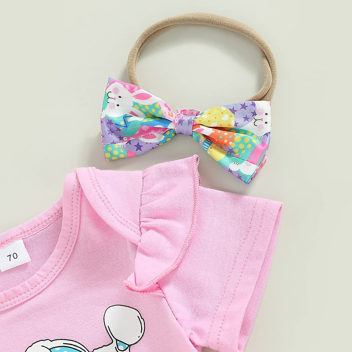 My 1st Easter Baby Girl Outfits Short Sleeve Bunny Romper Shirt Easter Egg Bell-Bottom Pants Headbands 3Pcs Sets (Pink, 0-3 Months)