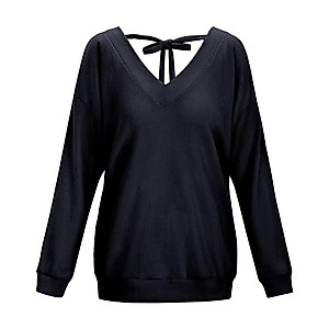 OUGES Womens Tie Back Knit Tops V Neck Long Sleeve Casual Sweater Pullover（Navy,M）