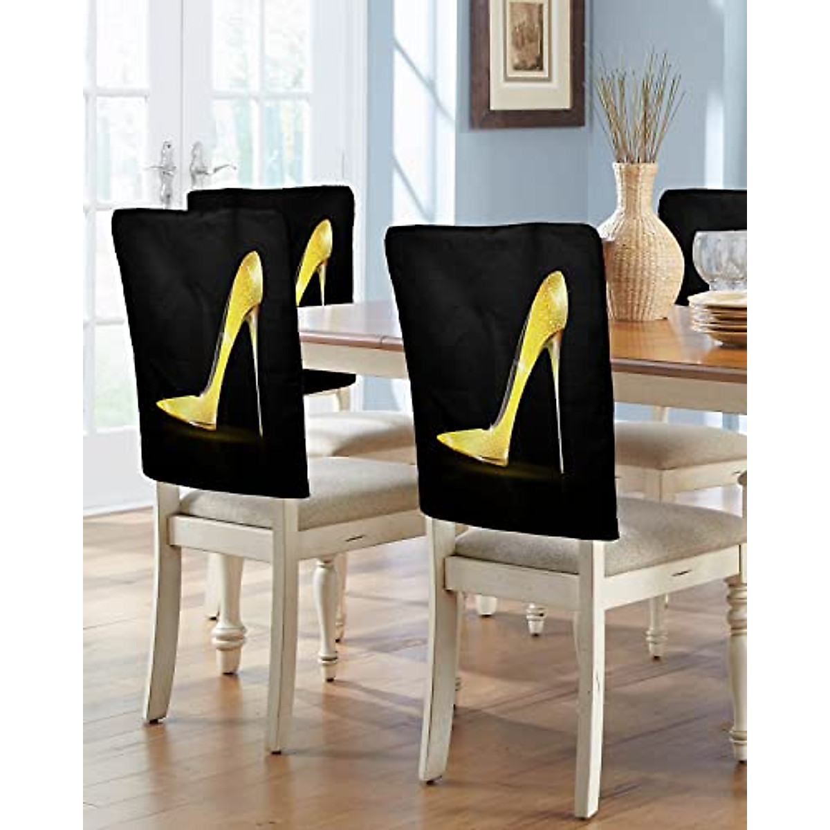 4 Pcs Dining Chair Slipcovers Golden Sexy High-Heeled Shoe,Removable Chair Back Covers Women Shining Heels on Dark Black Chair Protector for Home Kitchen Dining Room Holiday Party Decor