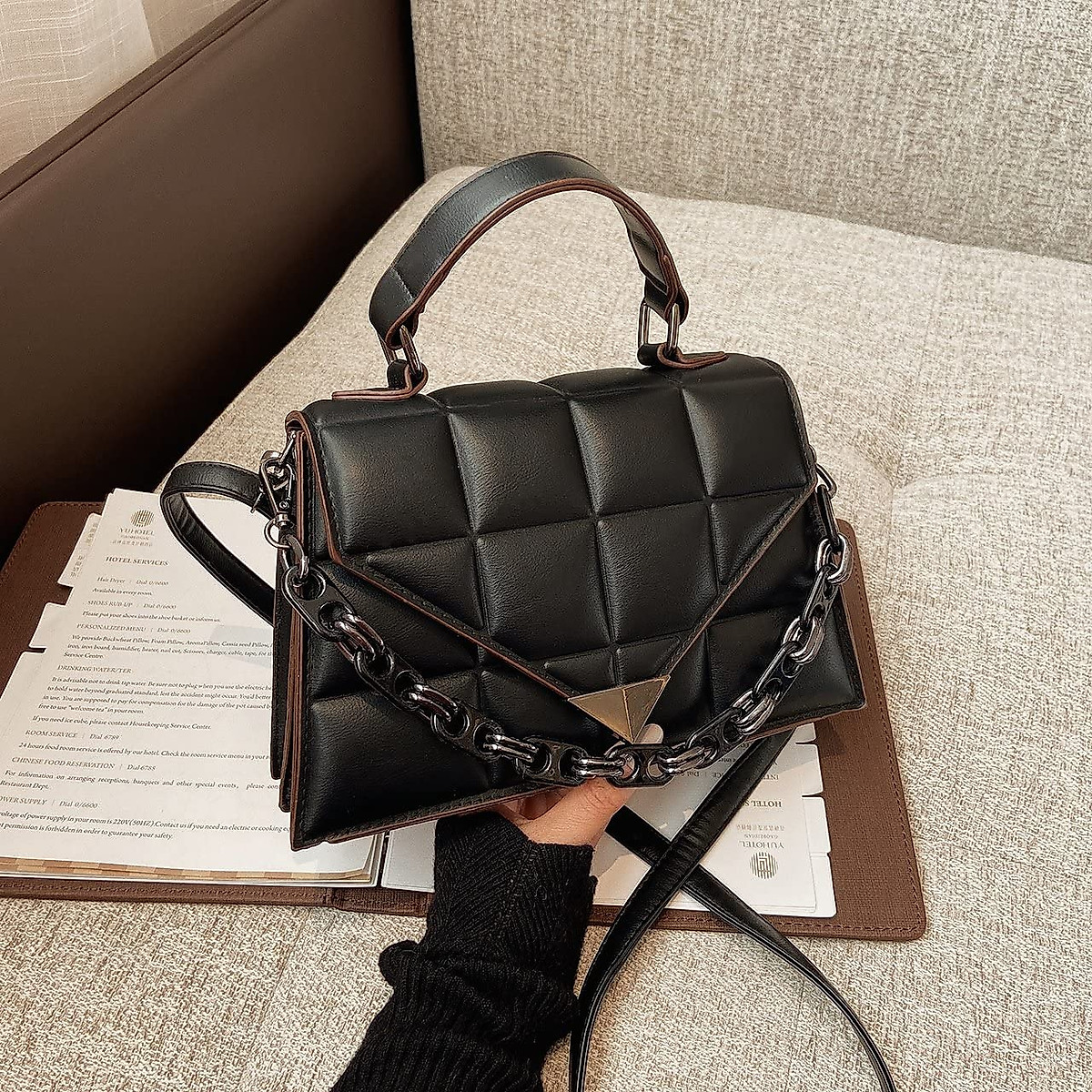 PU Leather Rhombus Pattern Handbag, Chain Shoulder Bag, Solid Color Simple Messenger Bag, Trendy Square BagHandbag Wallet (Black)