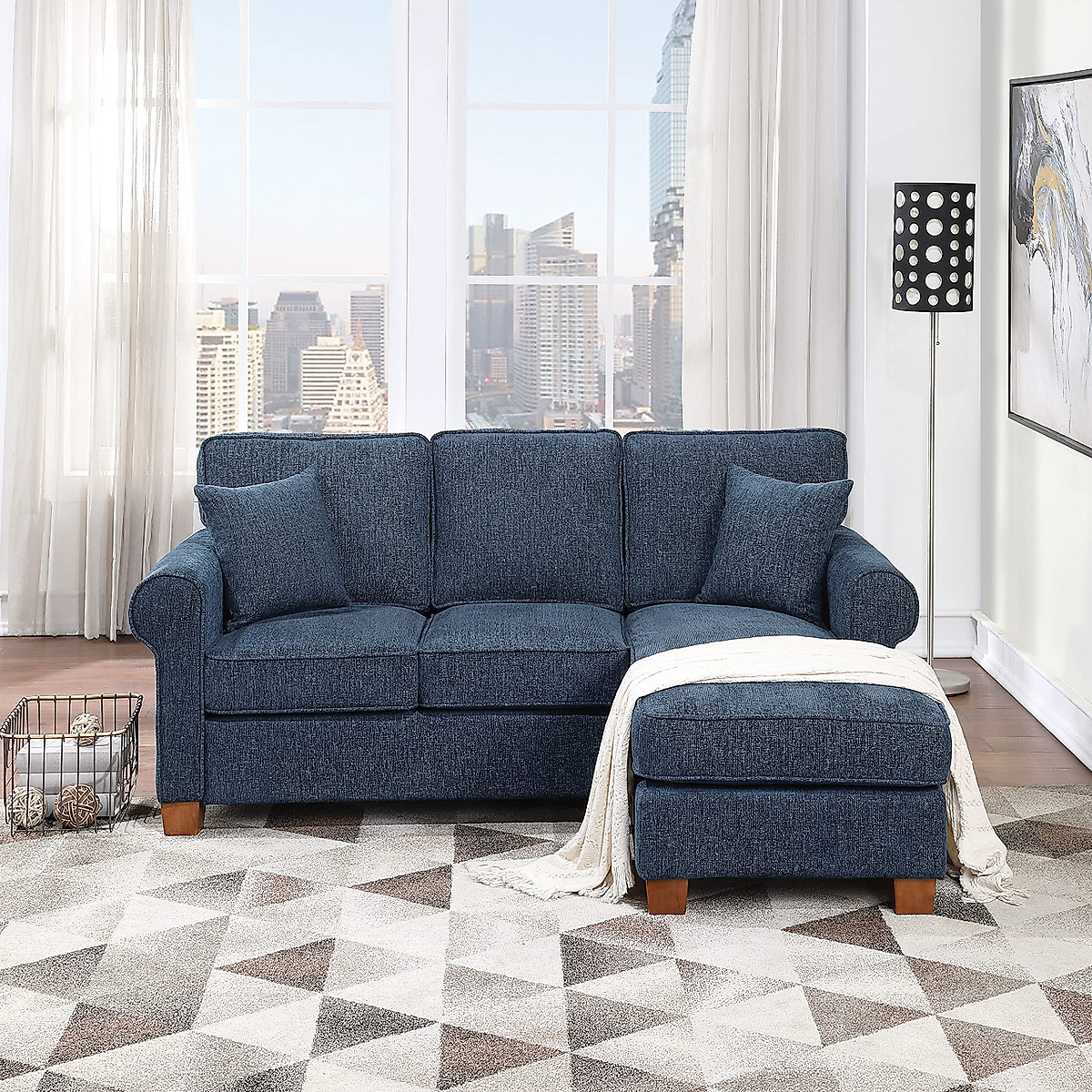 OSP Home Furnishings Rylee Reversible Rolled Arm Sectional Sofa with 2 Pillows and Coffee Finished Legs, Navy Fabric