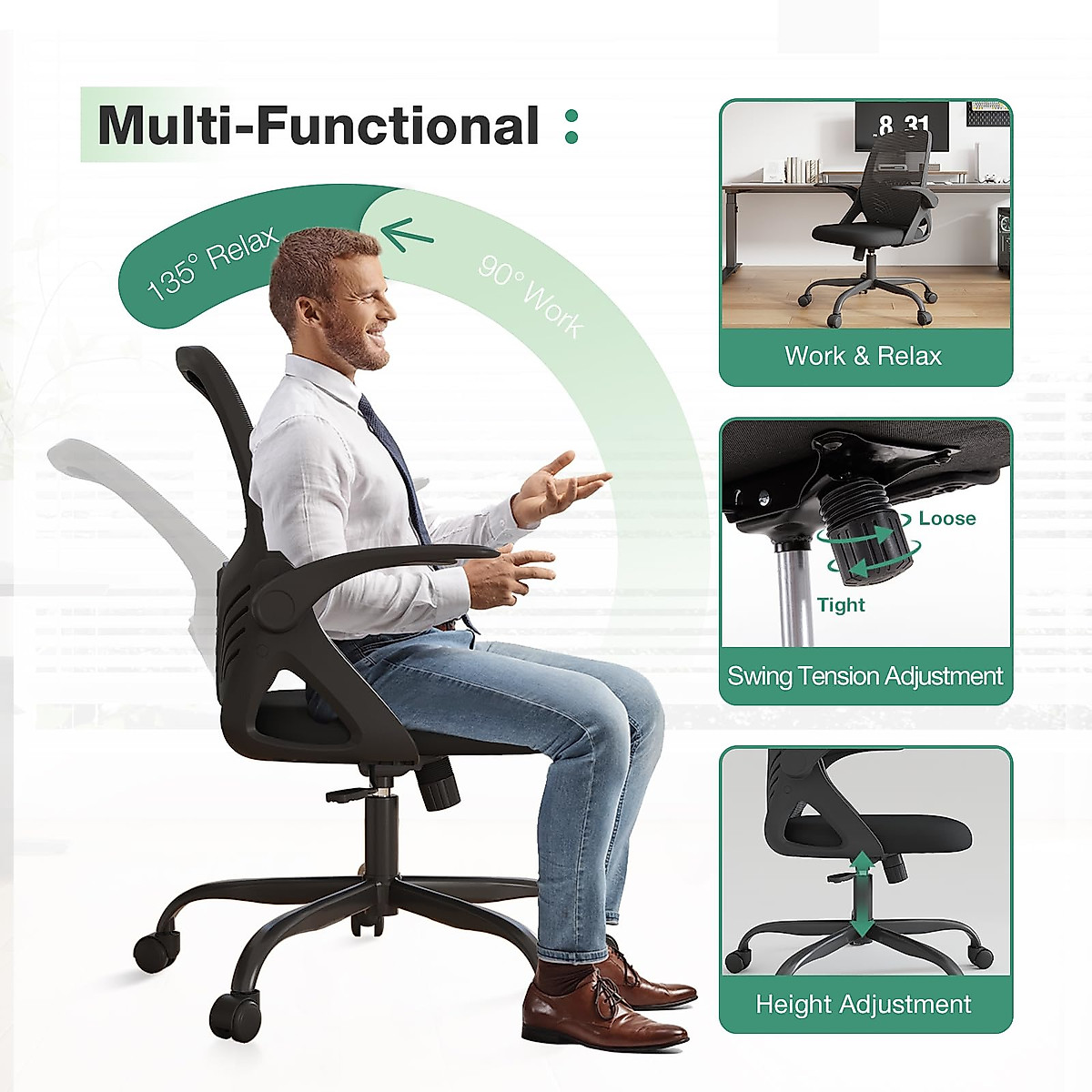 Novilla Home Office Computer Desk Chair, High Back Ergonomic Desk Chair with Adjustable Lumbar Support and Height, Swivel Task Chair with Flip-up Armrests, Black