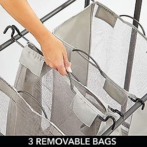 mDesign Portable Laundry Sorter with Wheels and Garment Hanging Bar - Heavy Duty Metal Cart System with 3 Hamper Laundry Sorter Basket Organizers and Drying Rack - Dark Graphite/Gray
