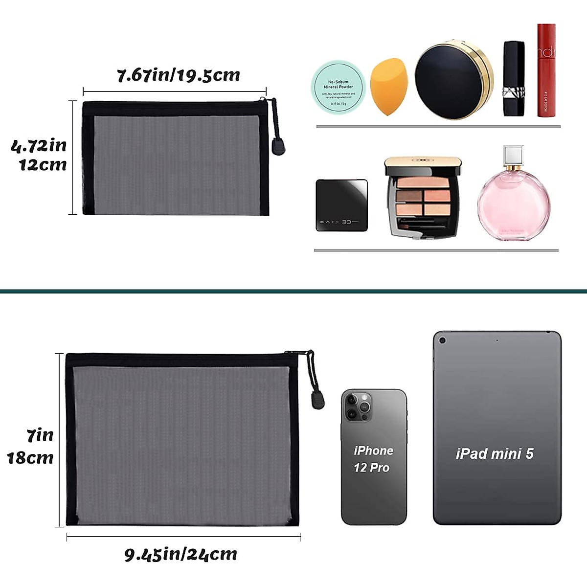 besharppin 6 Pack Mesh Cosmetic Bags, Nylon Makeup Pouches with Zipper for Home Office Purse Diaper Bag (Black)