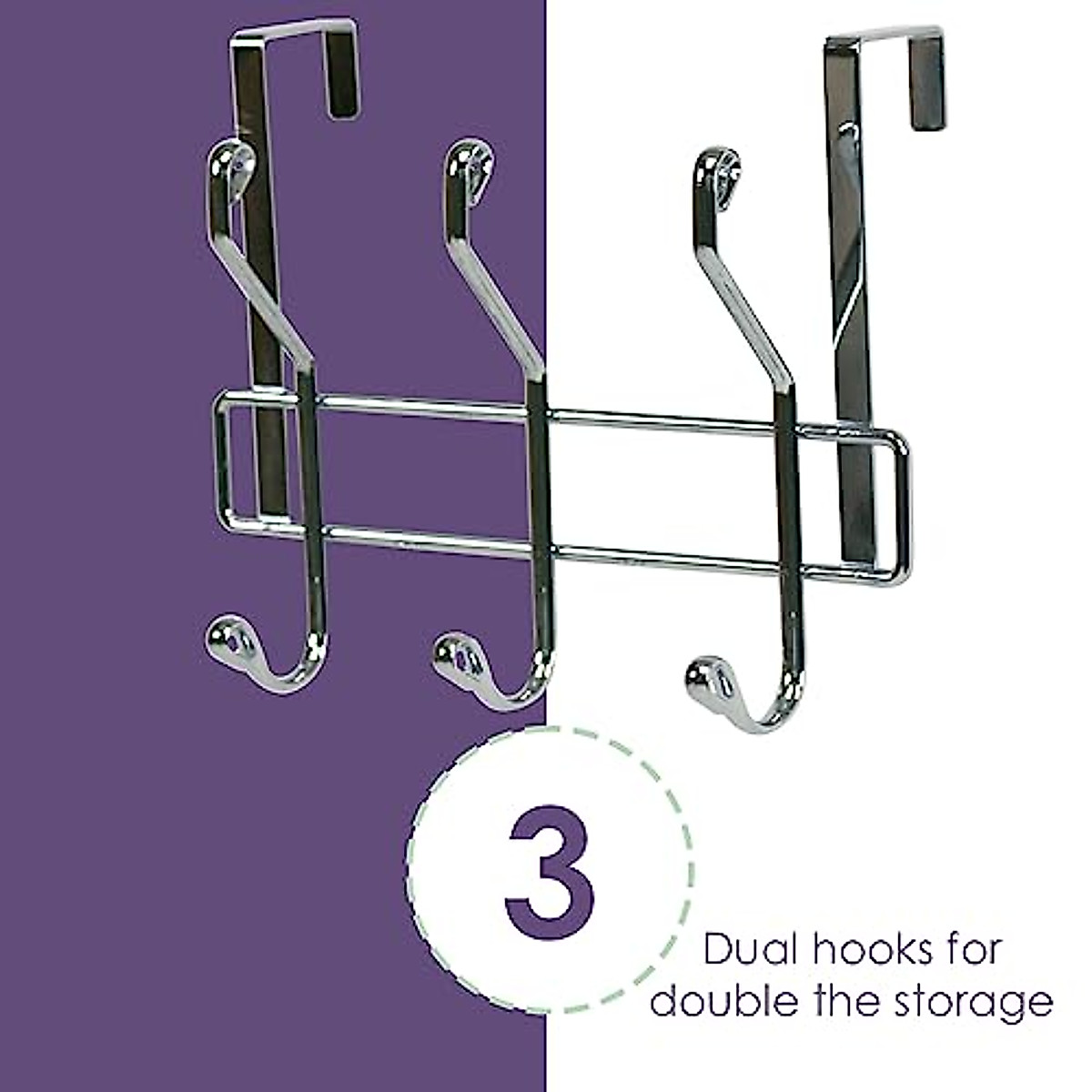 Home Basics 3 Dual Hook Over the Door Hanging Organizing Rack, Multi-purpose for Hanging Clothes, Towels, Coats, Rust Resistant, Chrome