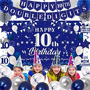 10th Birthday Decorations for Boys Girls, Blue Silver Happy 10th Double Digits Party Decorations, Happy 10th Birthday Backdrop, Banner, Balloon, Hanging Swirl, Birthday Card, Cake Topper, Pompom 57pcs