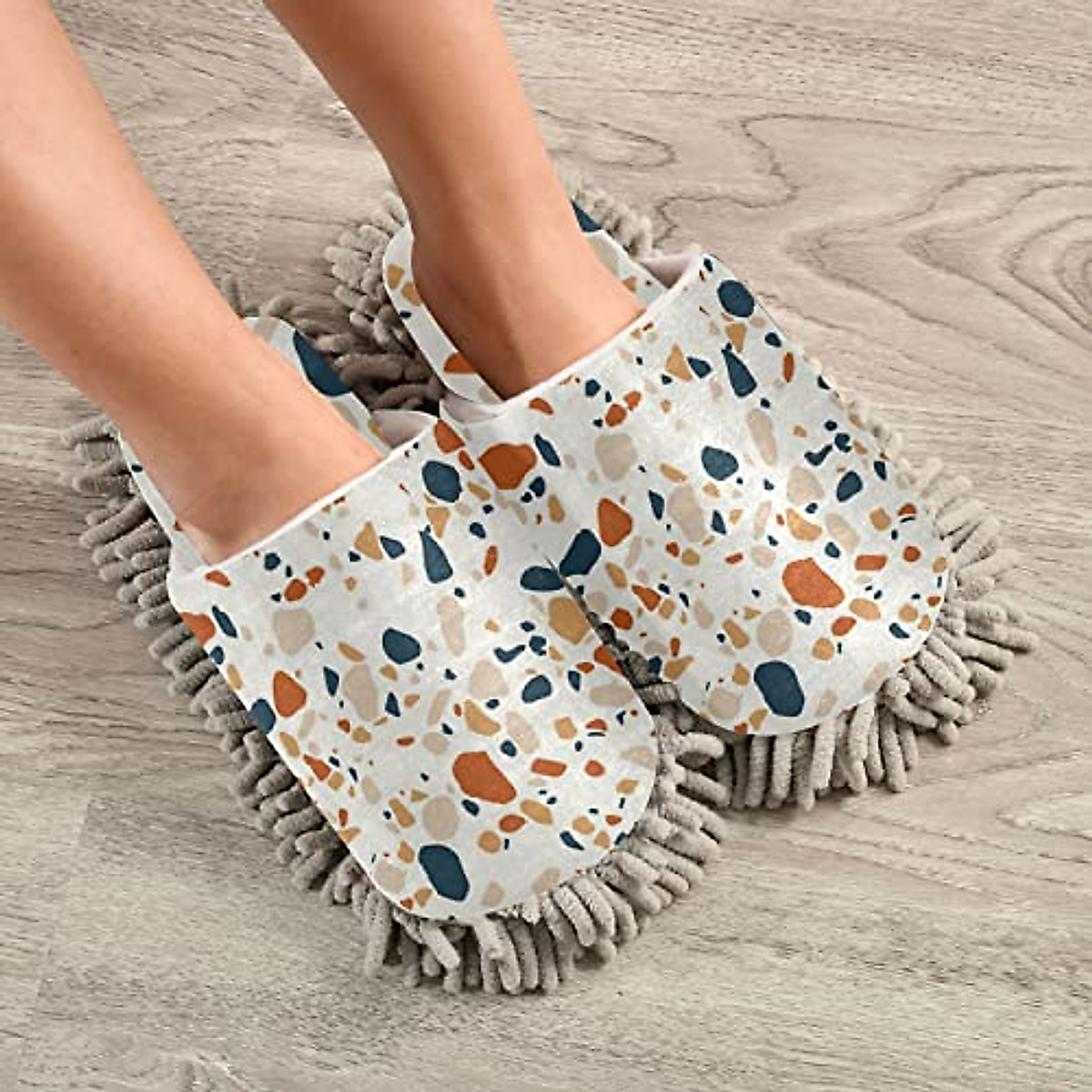 Kigai Microfiber Cleaning Slippers Brown Terrazzo Washable Mop Shoes Slipper for Men/Women House Floor Dust Cleaner, Size M