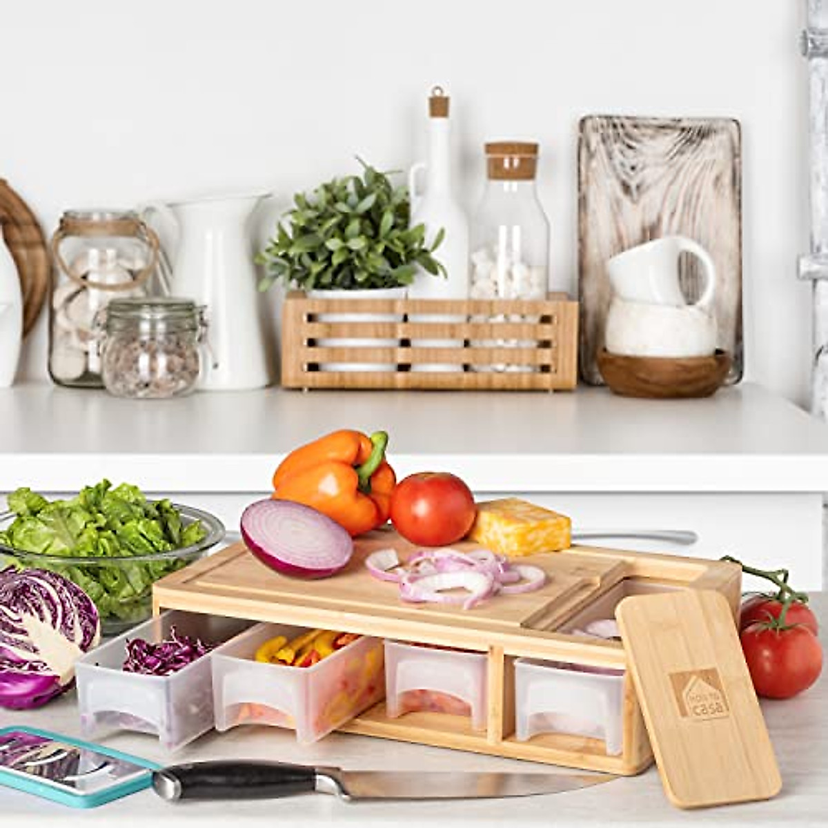 Bamboo Cutting Board with Containers for Storage - Zero-Mess Meal Prep Station