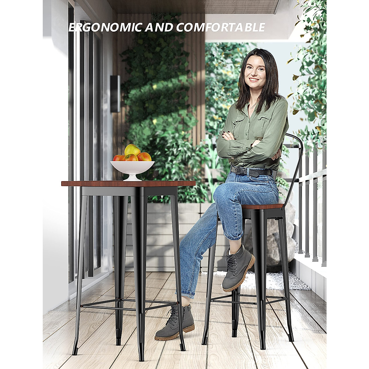 Aiho Bar Stools 30” Dining Chairs Outdoor Patio Bistro Set of 2 Metal Height Bar Stools with Wood Seat and Removable Backrest, Gloss Black