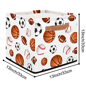 KOBLEN Sports Ball Print Square Storage Basket Collapsible Storage Box Clothes Basket 13x13 Inch Large Cube Storage Bin With PU Leather Handle for Home Office Closet Shelves