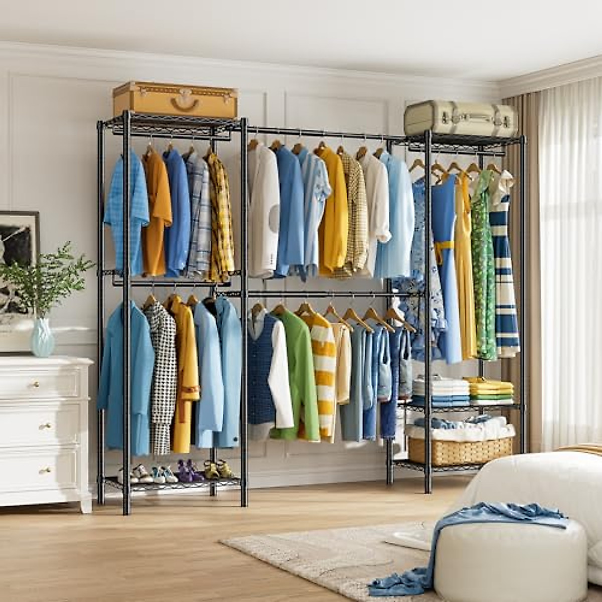 HEMTEN K1 Heavy Duty Clothes Rack Closet, 5 Tiers Adjustable Metal Freestanding Expandable Clothing Storage with 5 Hanger Rods, Easy to Assemble Wardrobe, 78" H x (69.7" - 90") L x 15.7" D, Black