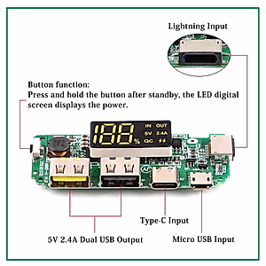 WSDMAVIS 1Pcs 18650 Charger Board Lithium Battery Charging Module Dual USB 5V 2.4A MiniType-C Power Bank Module DIY with Overcharge Overdischarge Short Circuit Protection LED Display