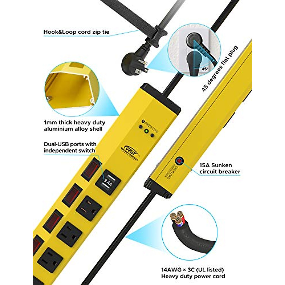 CRST Heavy Duty Power Strip with Individual Switches–6 Outlet 2 USB Ports, 15A/1875W Metal Power Strip Surge Protector Circuit Breaker 1200 Joules, 6FT Mountable Power Strip for Garage, Workshop, Home