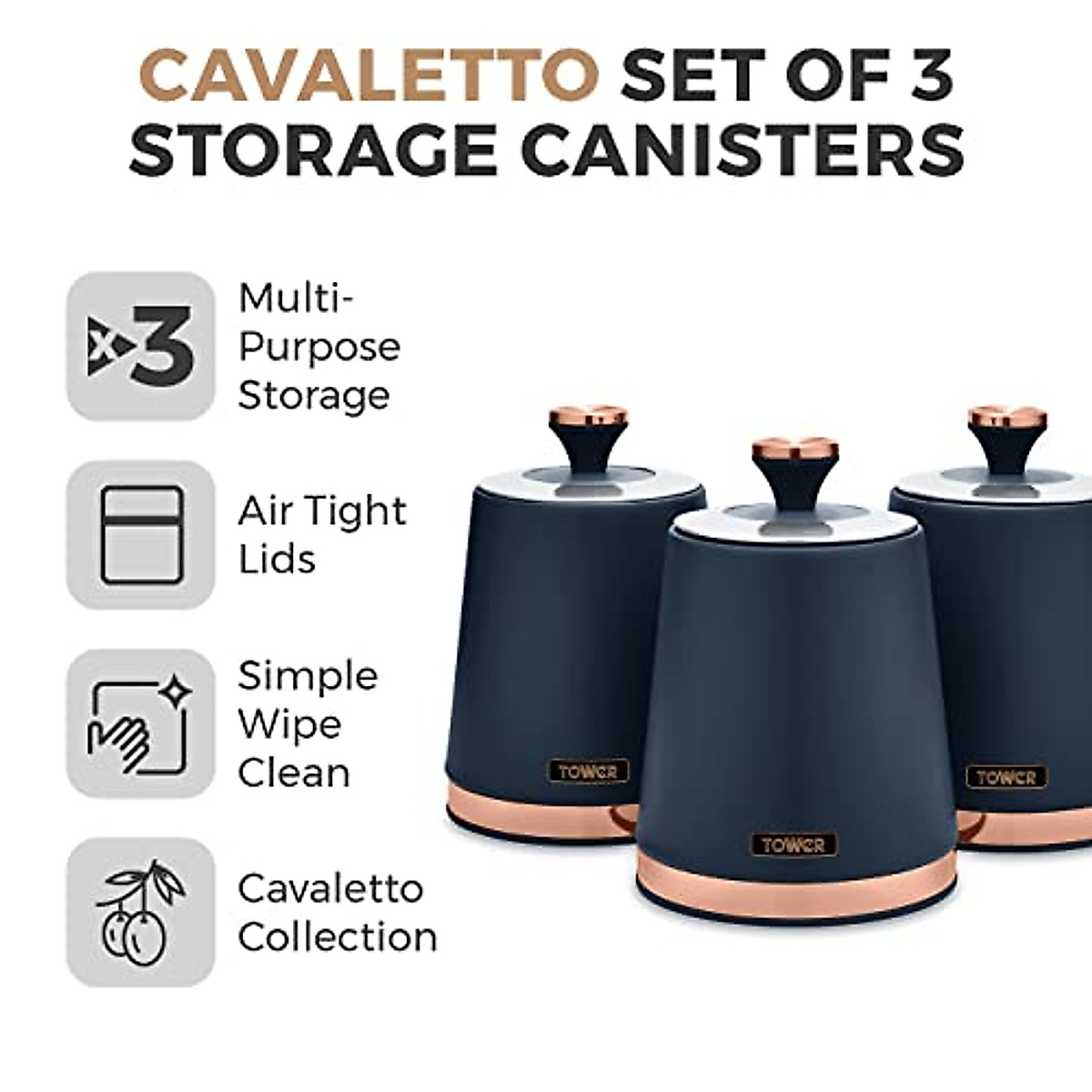 Tower T826131MNB Cavaletto Set of 3 Storage Canisters for Tea/Coffee/Sugar, Steel, Midnight Blue and Rose Gold