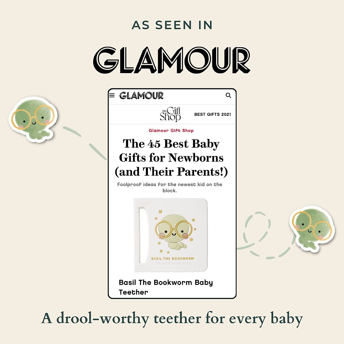 Basil The Bookworm Baby Teether - Premium BPA Free Silicone Teething Toy | Perfect for Baby Showers | Unique Book-Shaped Design | Freezer & Dishwasher Safe (Age: 3+ Months)