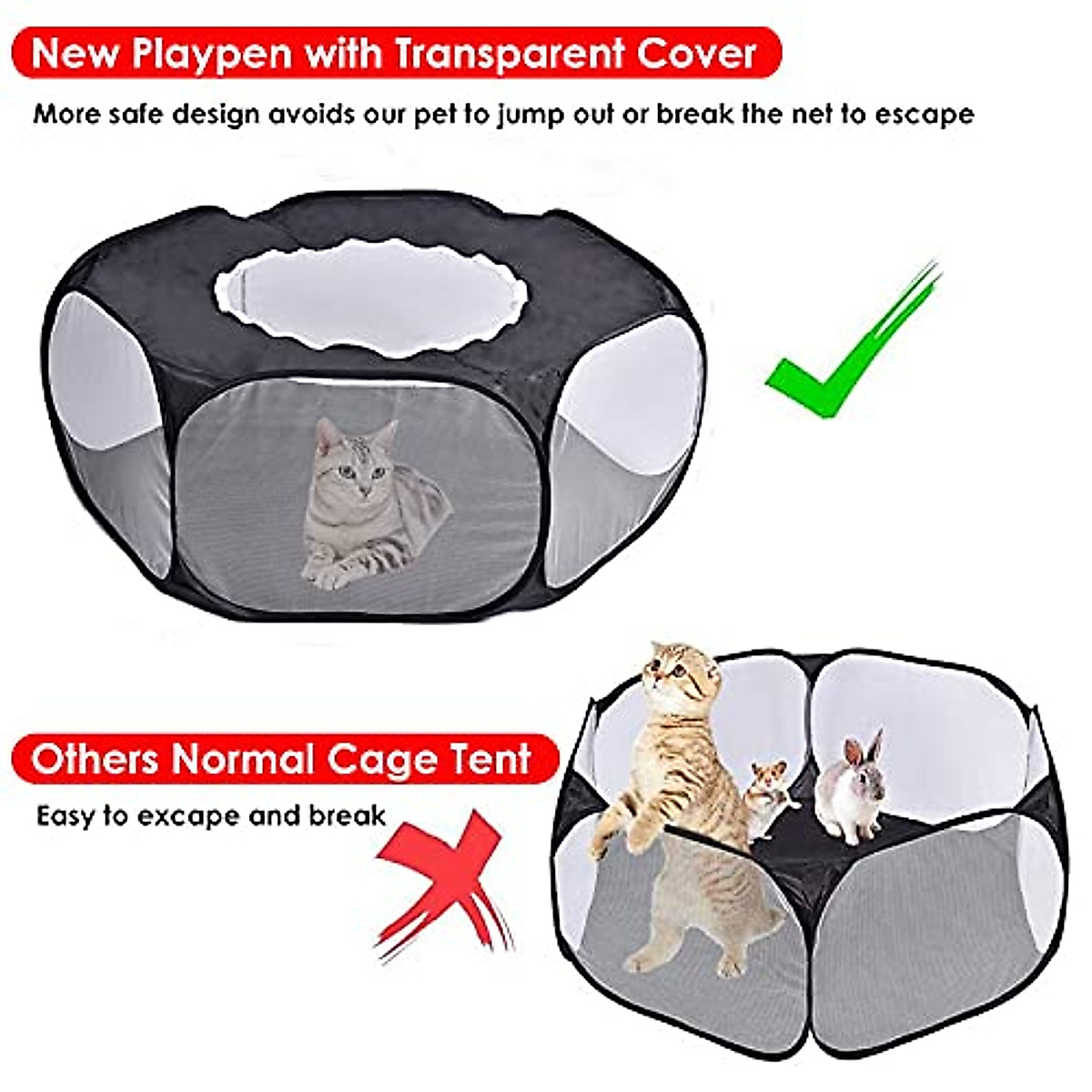 PIXRIY Small Animals Cage Tent, Pet Playpen with Top Opening Foldable Breathable Yark Fence for Guinea Pig, Rabbits, Hamster, Chinchillas and Hedgehogs (Black)